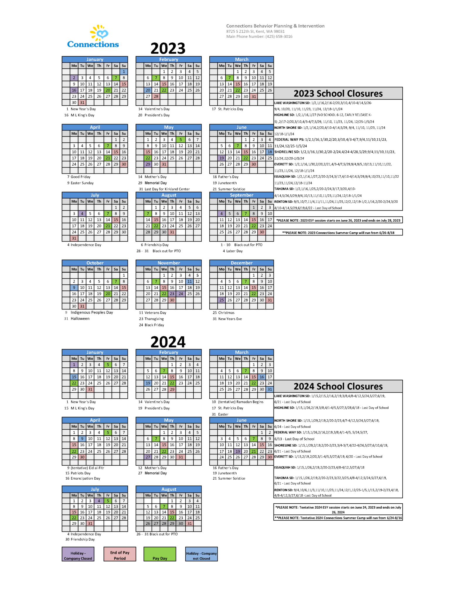 Calendars | Connections Behavior Planning & Intervention